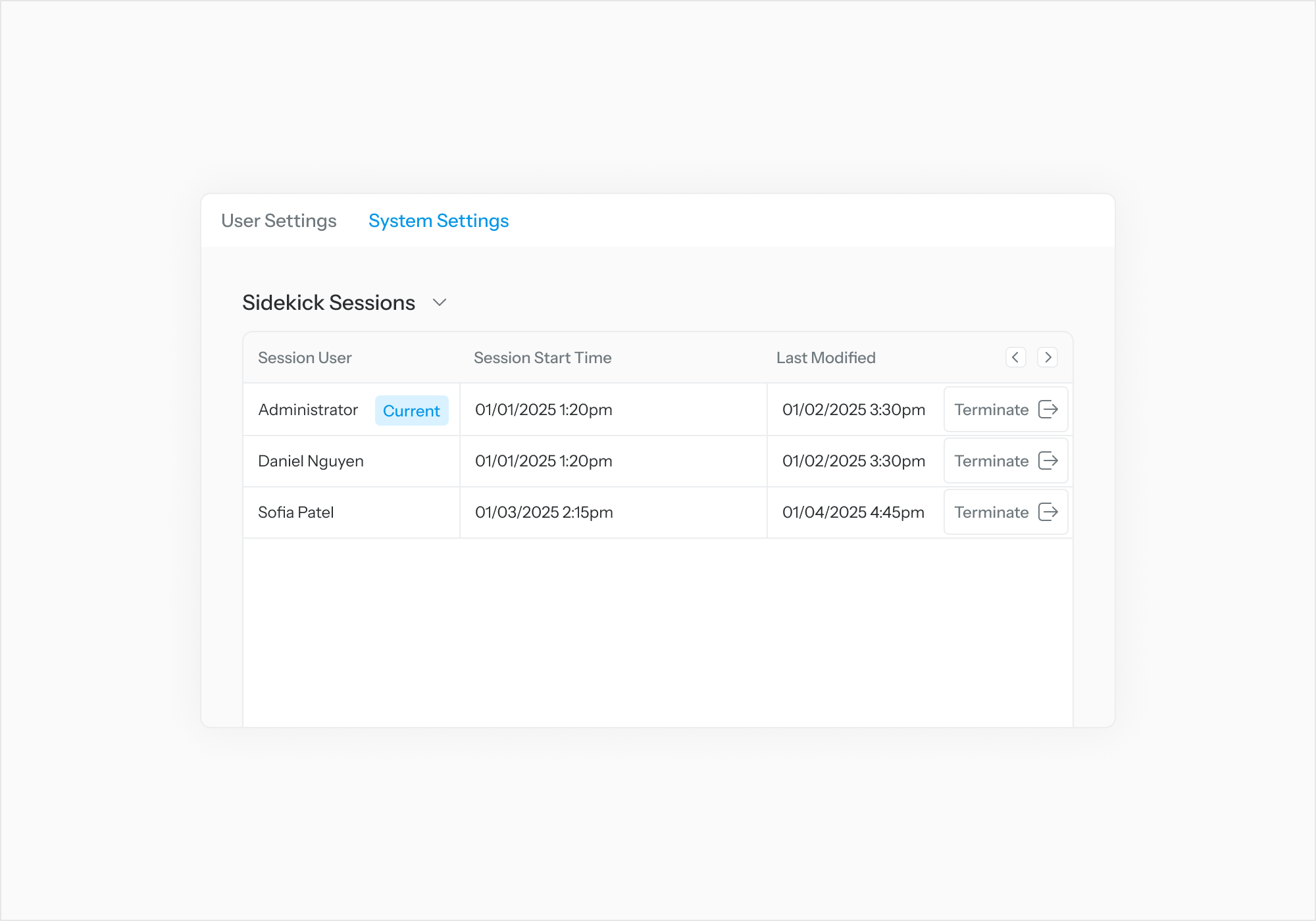 Sidekick Sessions Management